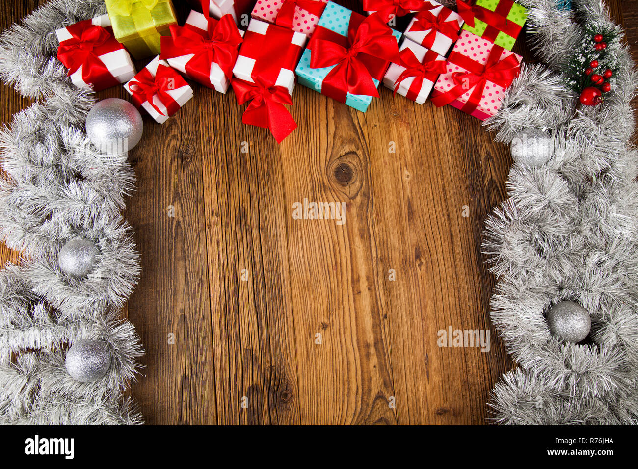 Merry Christmas Frame, Gift box with red ribbon Stock Photo - Alamy