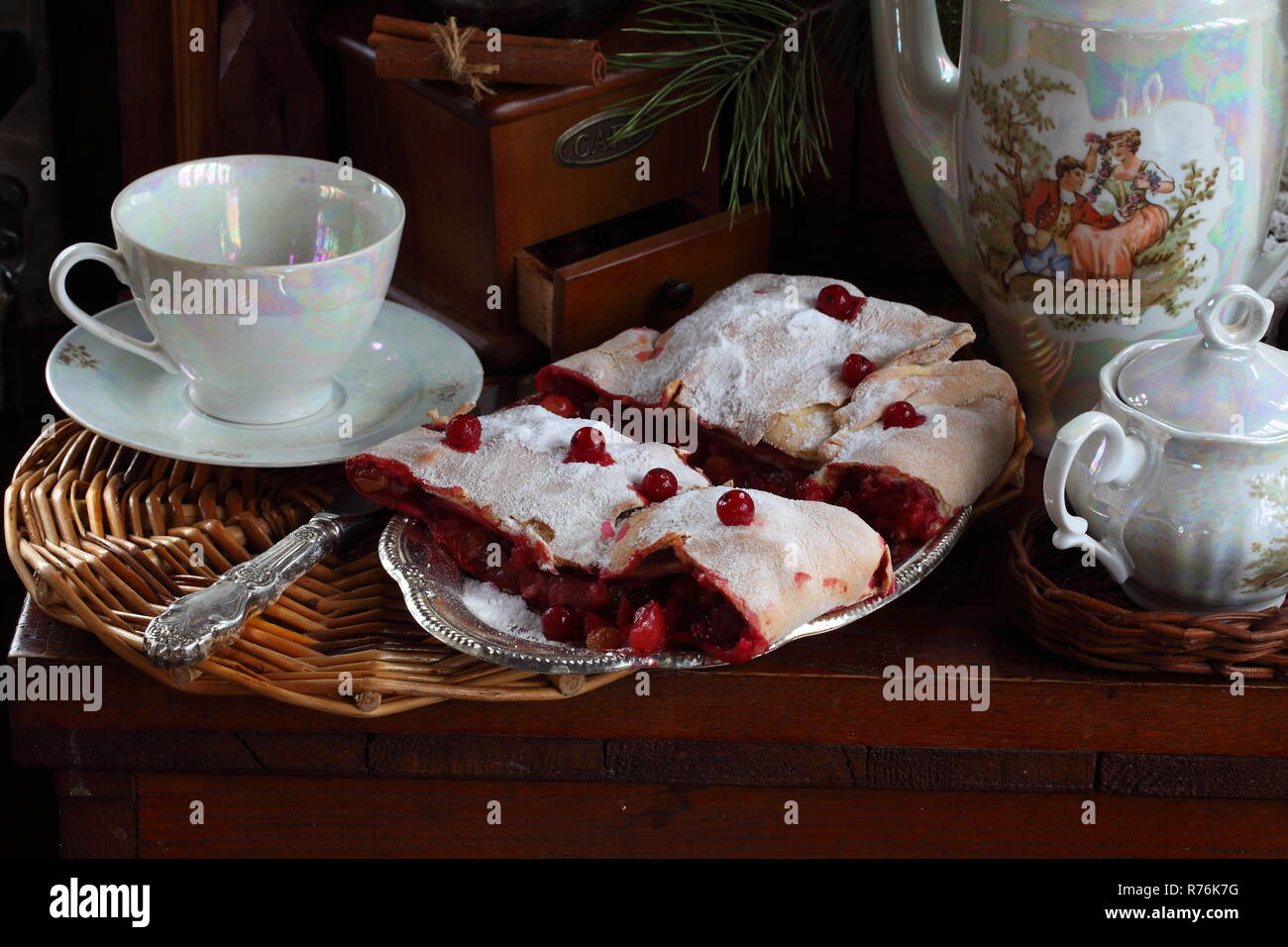 Apple-cherry coffee strudel Stock Photo - Alamy