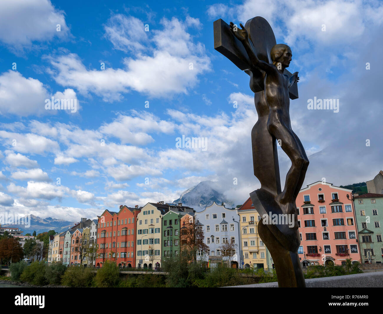 cross of Inn bridge, historical facades of Mariahilf, Innsbruck, Tyrol ...