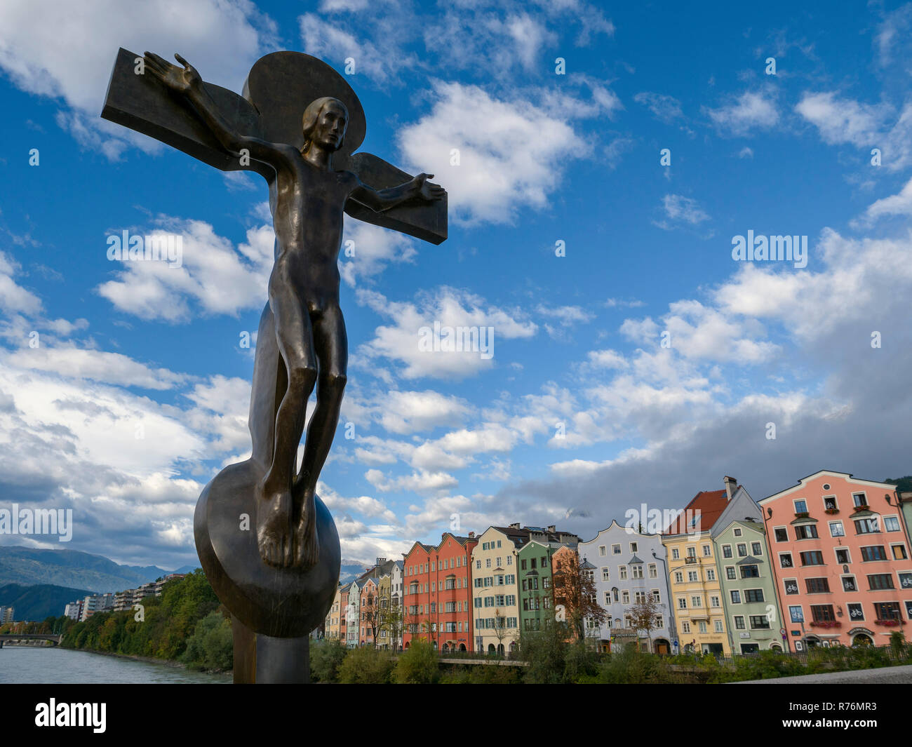 cross of Inn bridge, historical facades of Mariahilf, Innsbruck, Tyrol ...