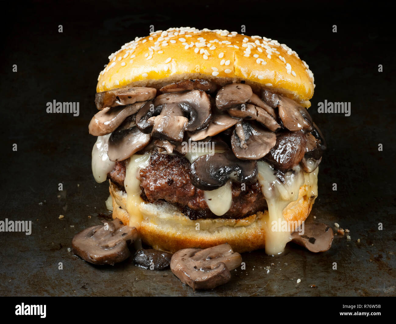 rustic american mushroom cheese hamburger Stock Photo - Alamy