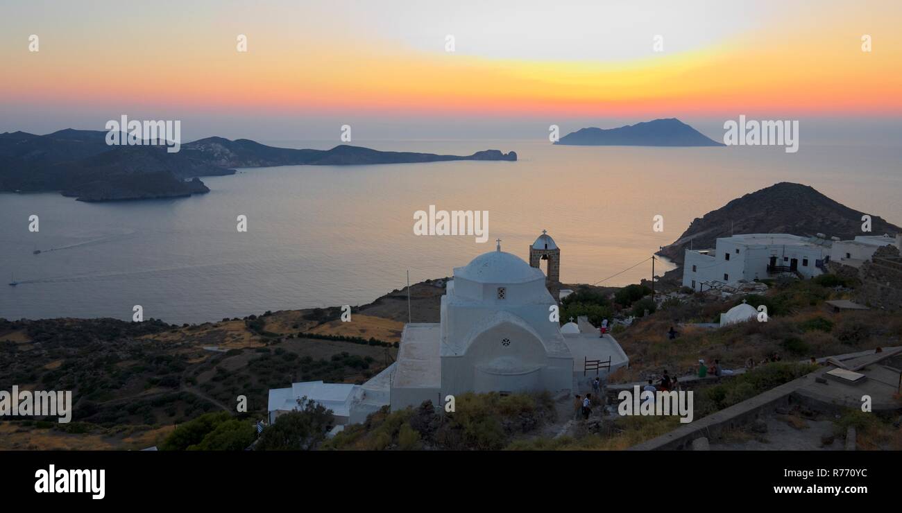 Sunset on Milos Greece. Panoramic view from Plaka fortress Stock Photo ...