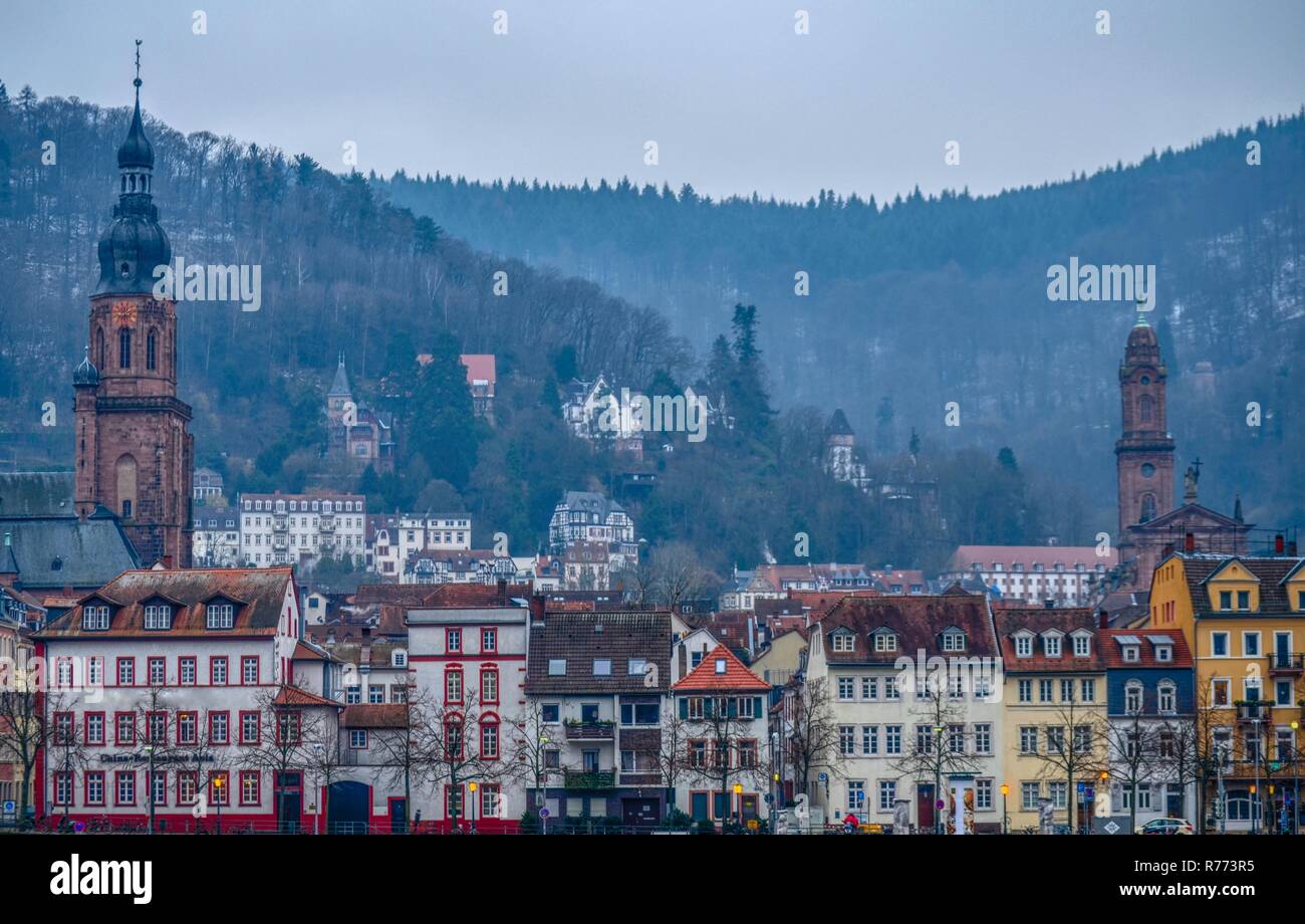Part of the old city of Heidelberg with two towers Stock Photo - Alamy