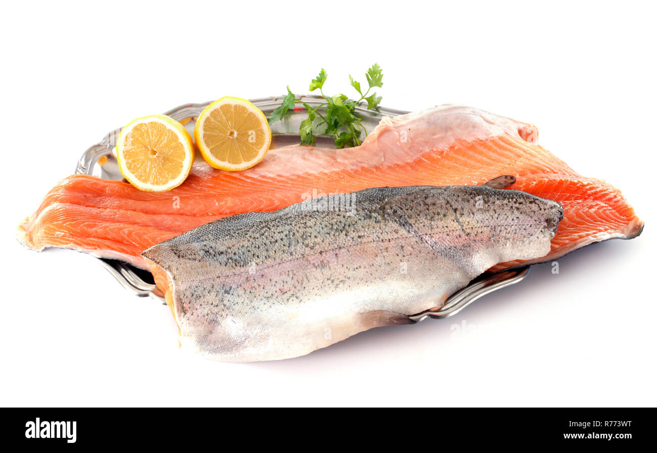 salmon fillet in front of white background Stock Photo - Alamy