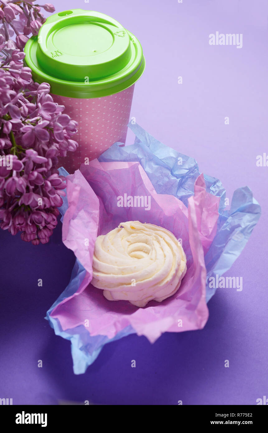 Food Photo of homemade zephyr, marshmallow in violet wrapping paper and ...