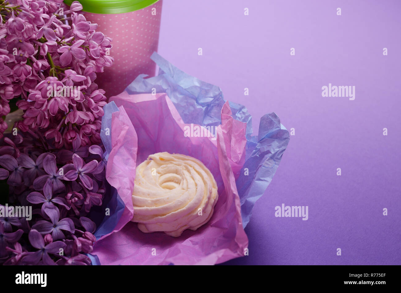 Food Photo of homemade zephyr, marshmallow in violet wrapping paper and ...