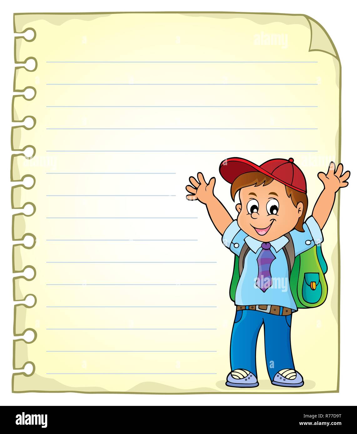 Notepad page with happy pupil boy Stock Photo - Alamy