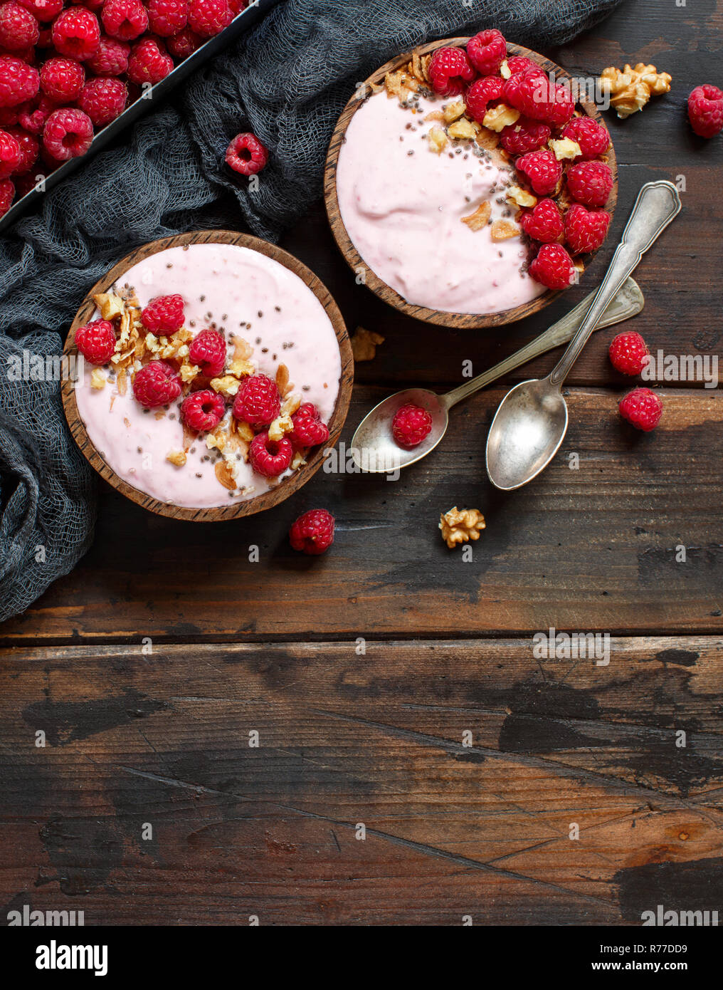 Raspberries smoothie bowls Stock Photo - Alamy