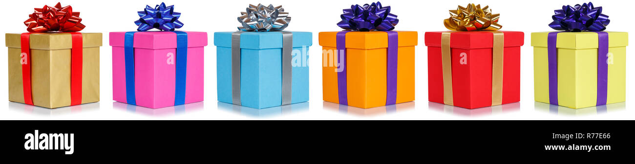 Gifts presents Christmas birthday gift in a row isolated on a white ...