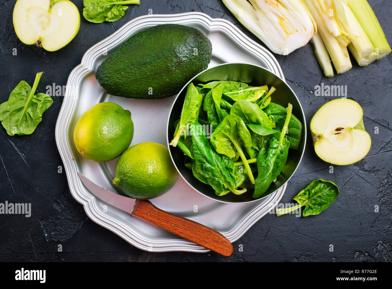 green food, diet food, vegetfblts and fruits on plate Stock Photo - Alamy