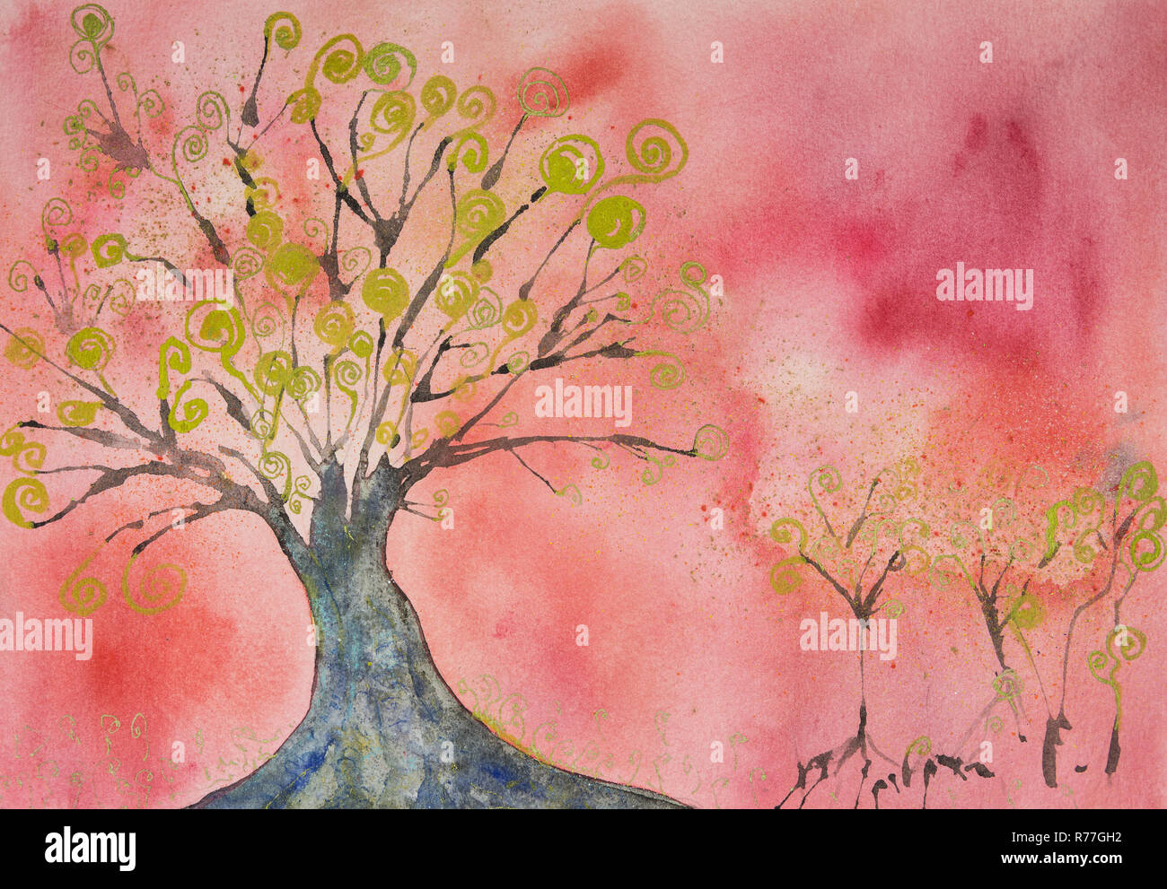 Tree of life with golden curls. The dabbing technique near the edges ...