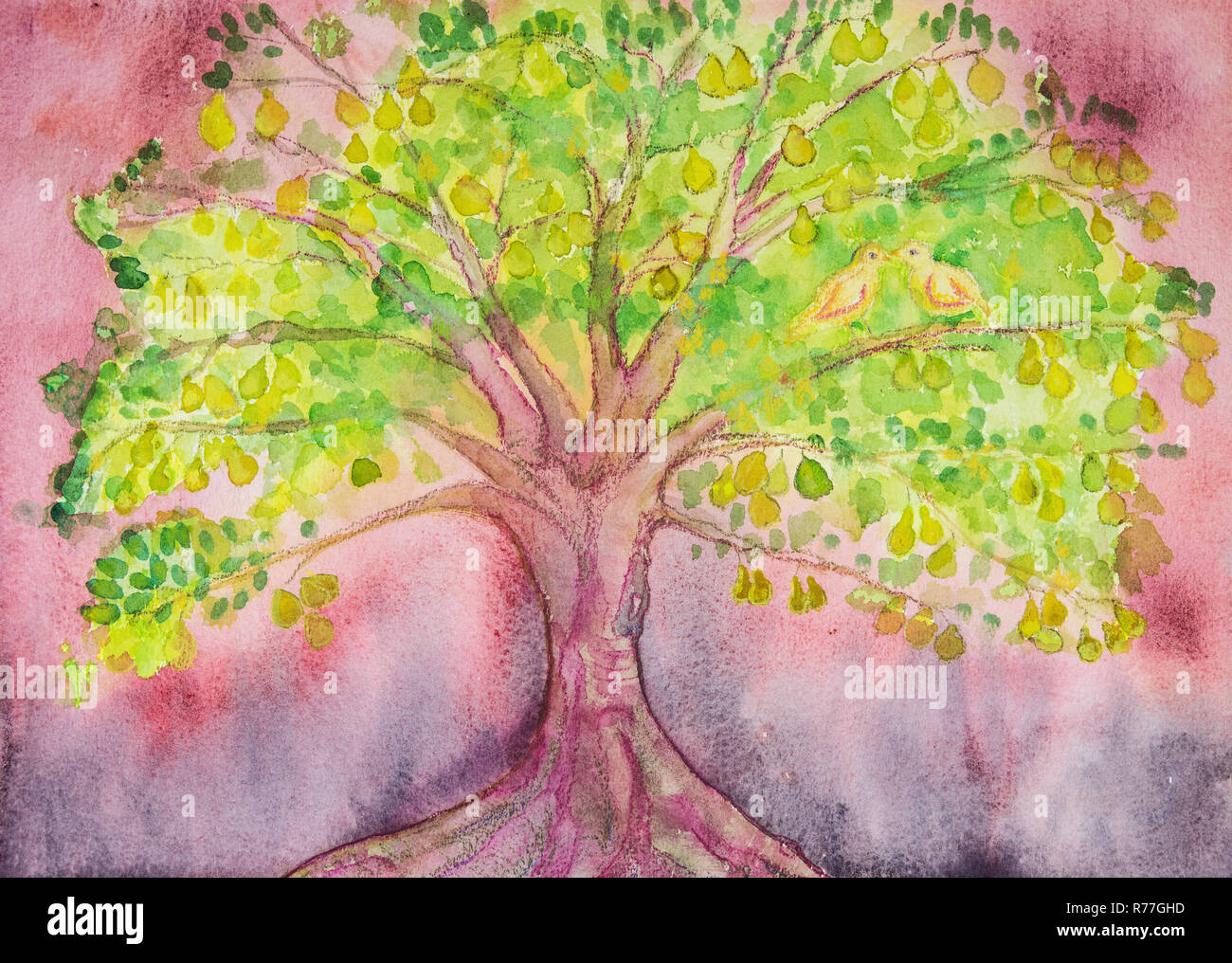 Pear tree with doves and red background. The dabbing technique near the ...