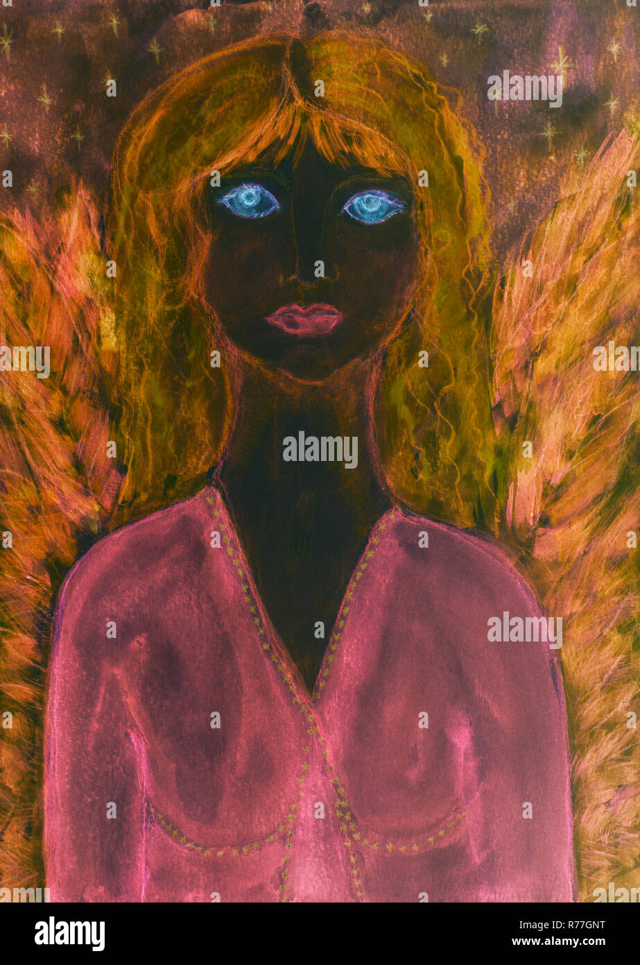 Black feminine angel with pink dress and wings. The dabbing technique ...
