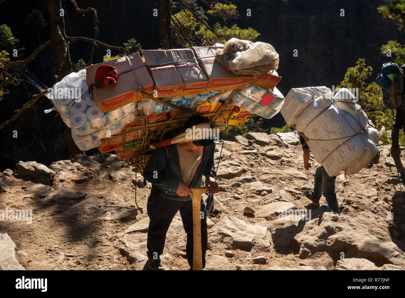 Nepal, Namche Bazar, heavily laden porter carrying goods up to Namche ...