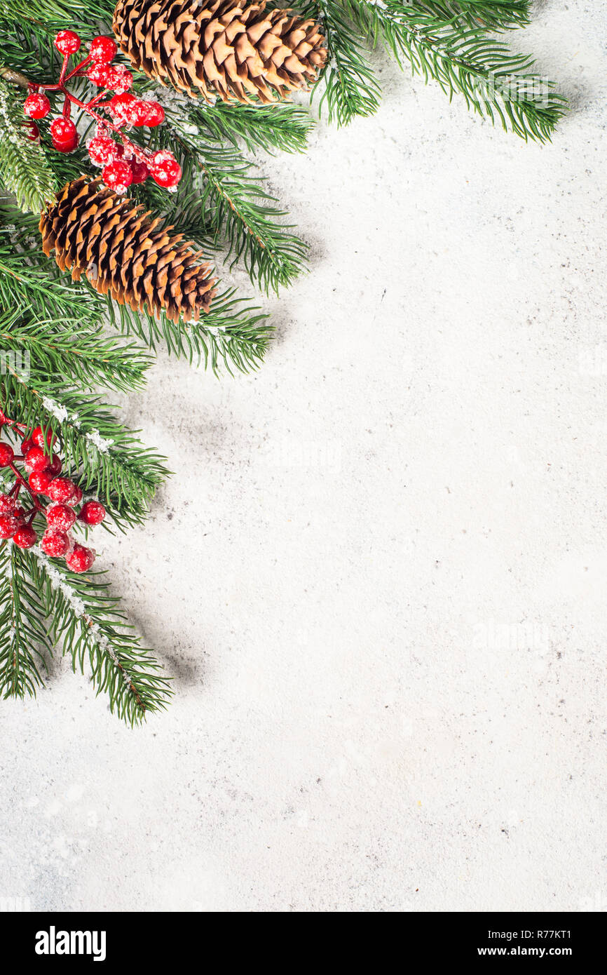 Christmas background flatlay with fir tree brunch and red decora Stock ...
