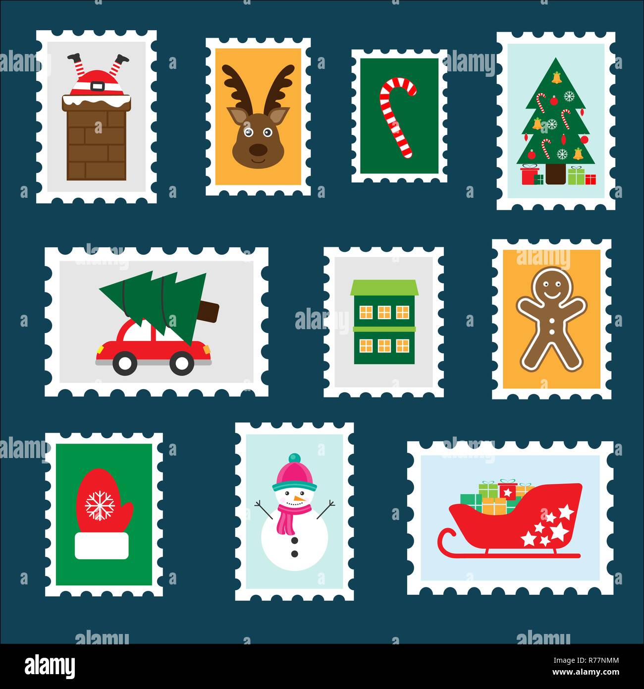 Different colorful christmas postage stamps for children, fun preschool ...