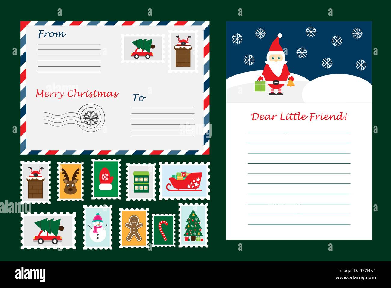 Christmas set of letter from Santa Claus, envelope and postage stamps ...