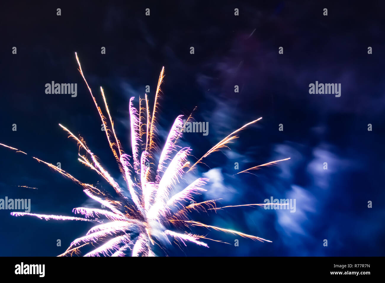 Bright festive fireworks against the background of the blue night sky ...