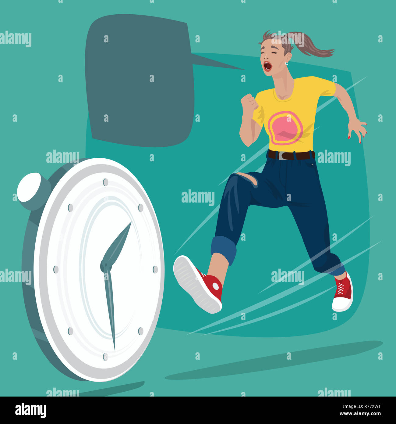 Girl chasing of time clock Stock Photo - Alamy