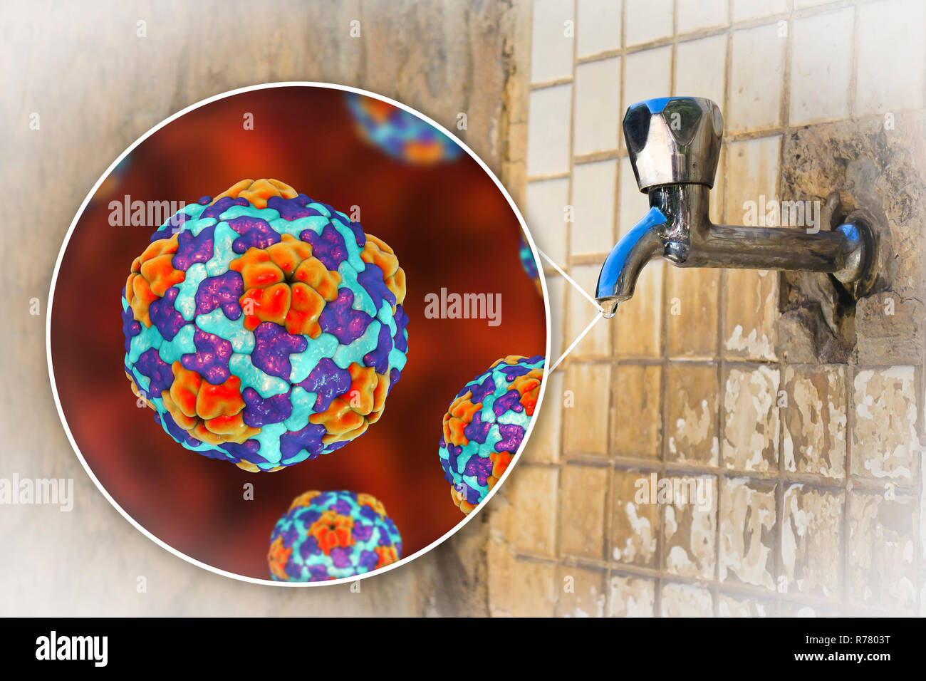 Safety of drinking water. Conceptual illustration and photo showing ...