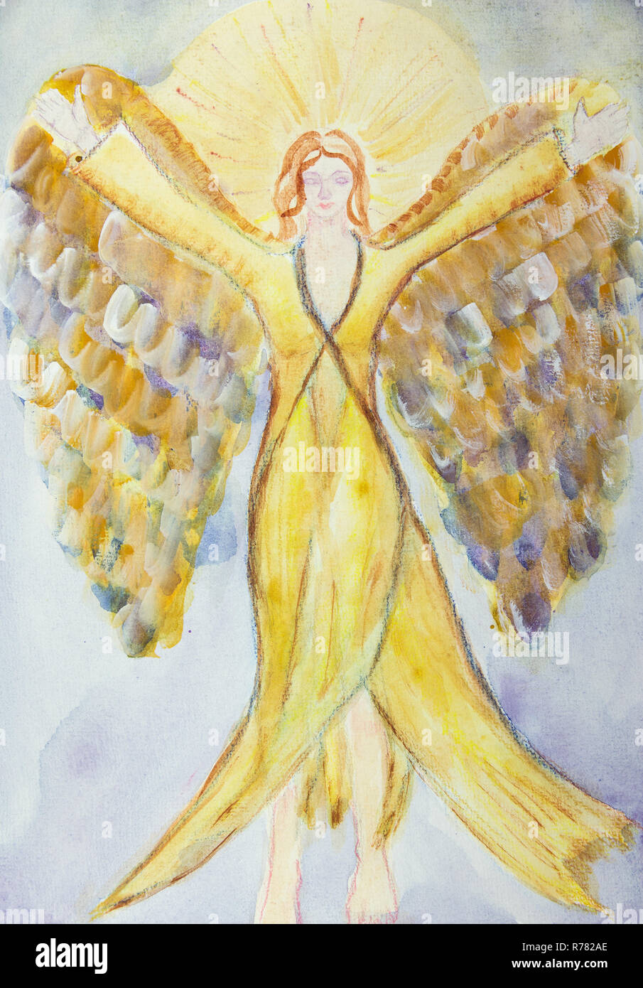 Feminine angel with long dress and wings. The dabbing technique near ...