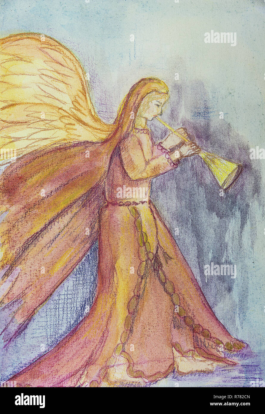 Angel blowing a trumpet. The dabbing technique near the edges gives a ...