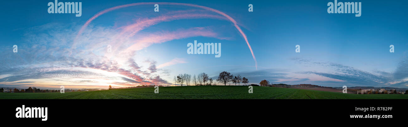 Panorama of sunrise in morning field and forest Stock Photo - Alamy