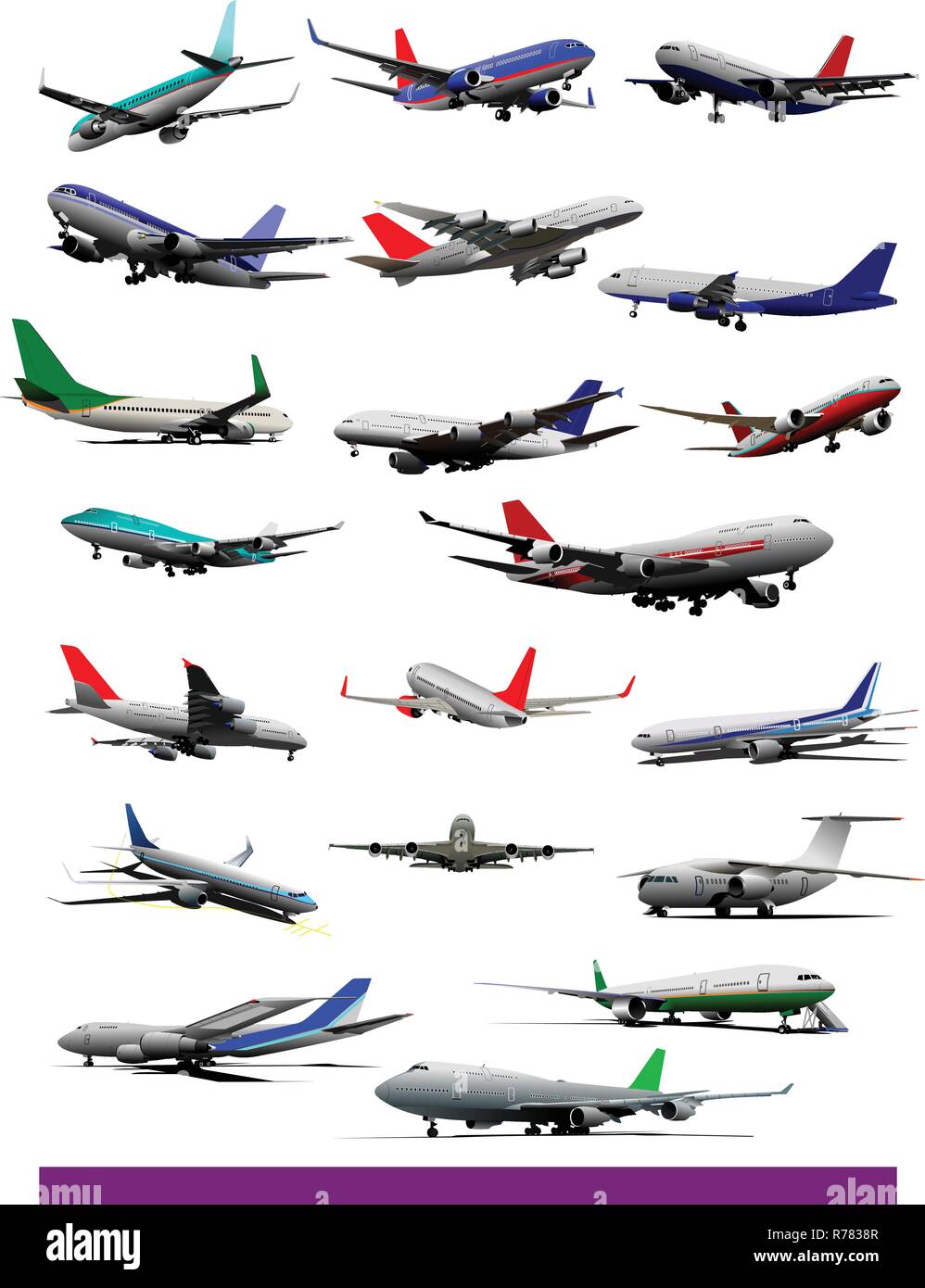 Big set of twenty passenger Airplanes. Colored Vector illustration for ...
