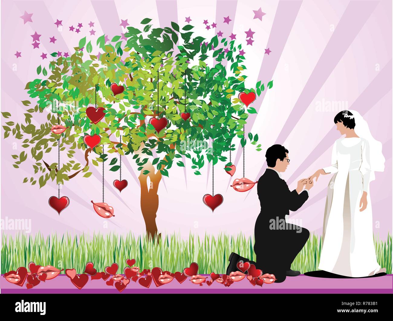 Decorative Valentine`s Day tree with hearts, lips, bride and groom ...