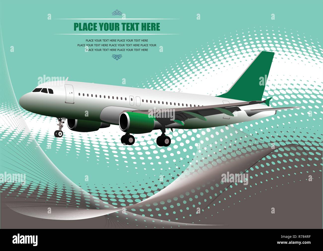 Green abstract background with passenger plane image. Vector ...