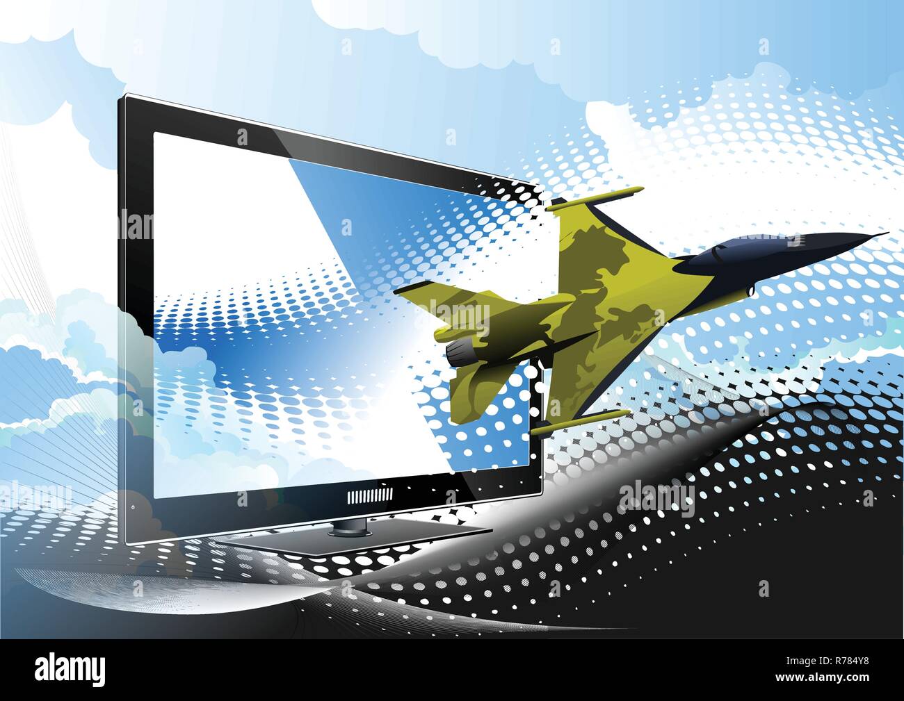 Blue dotted background with Flat computer monitor and air force combat ...