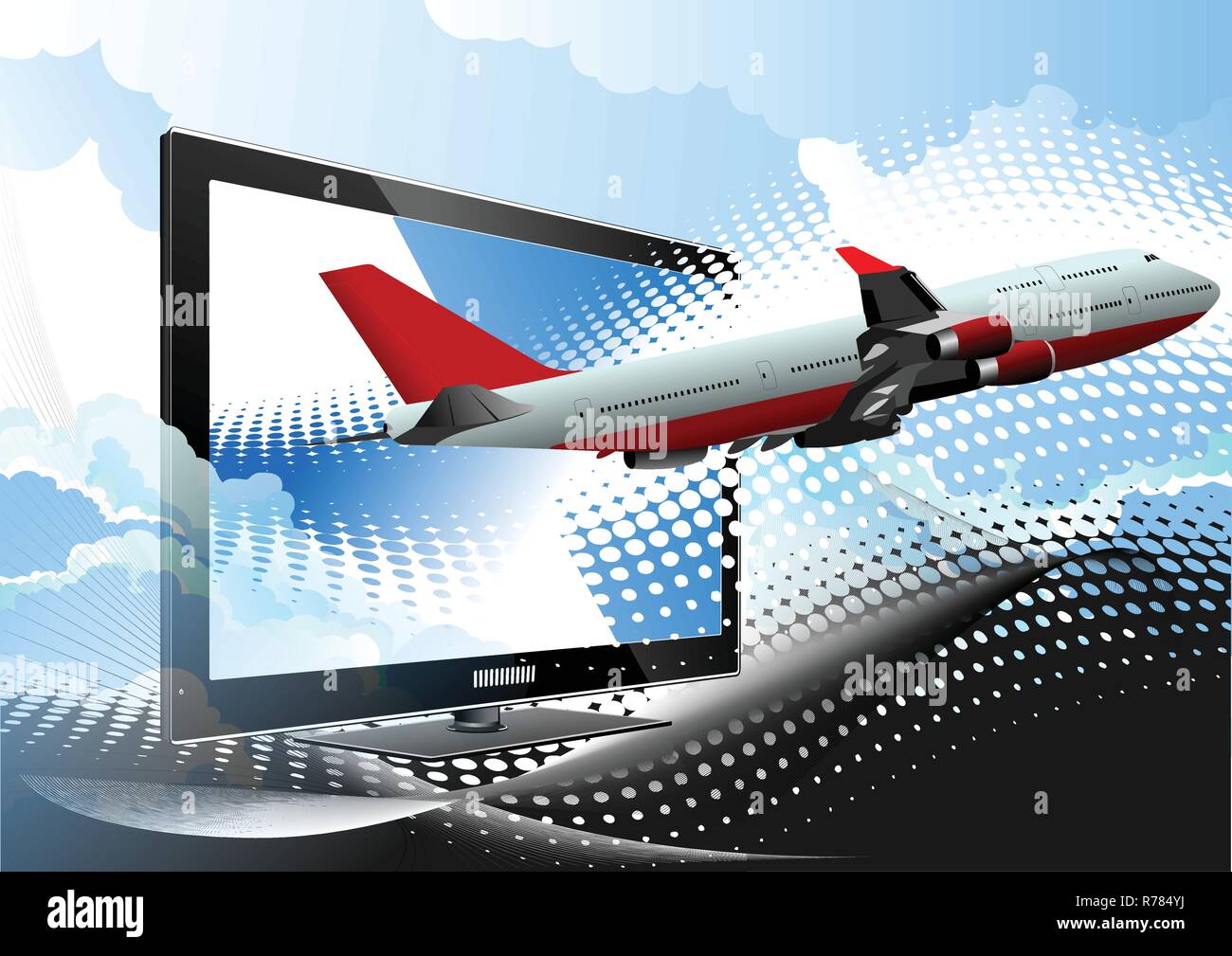 Blue dotted background with Flat computer monitor with passenger plane ...