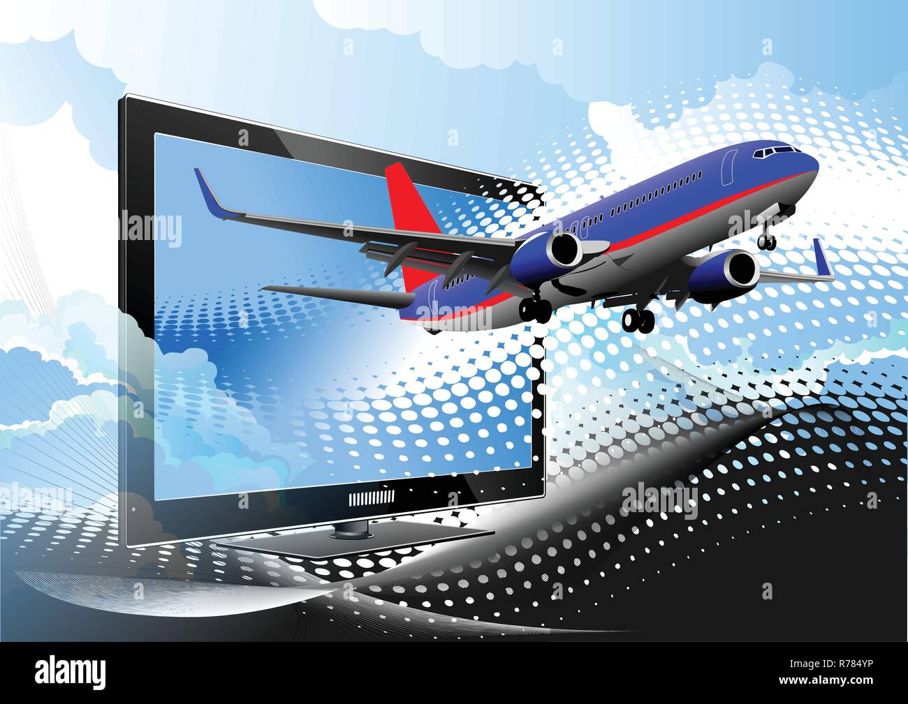 Blue dotted background with Flat computer monitor with passenger plane ...