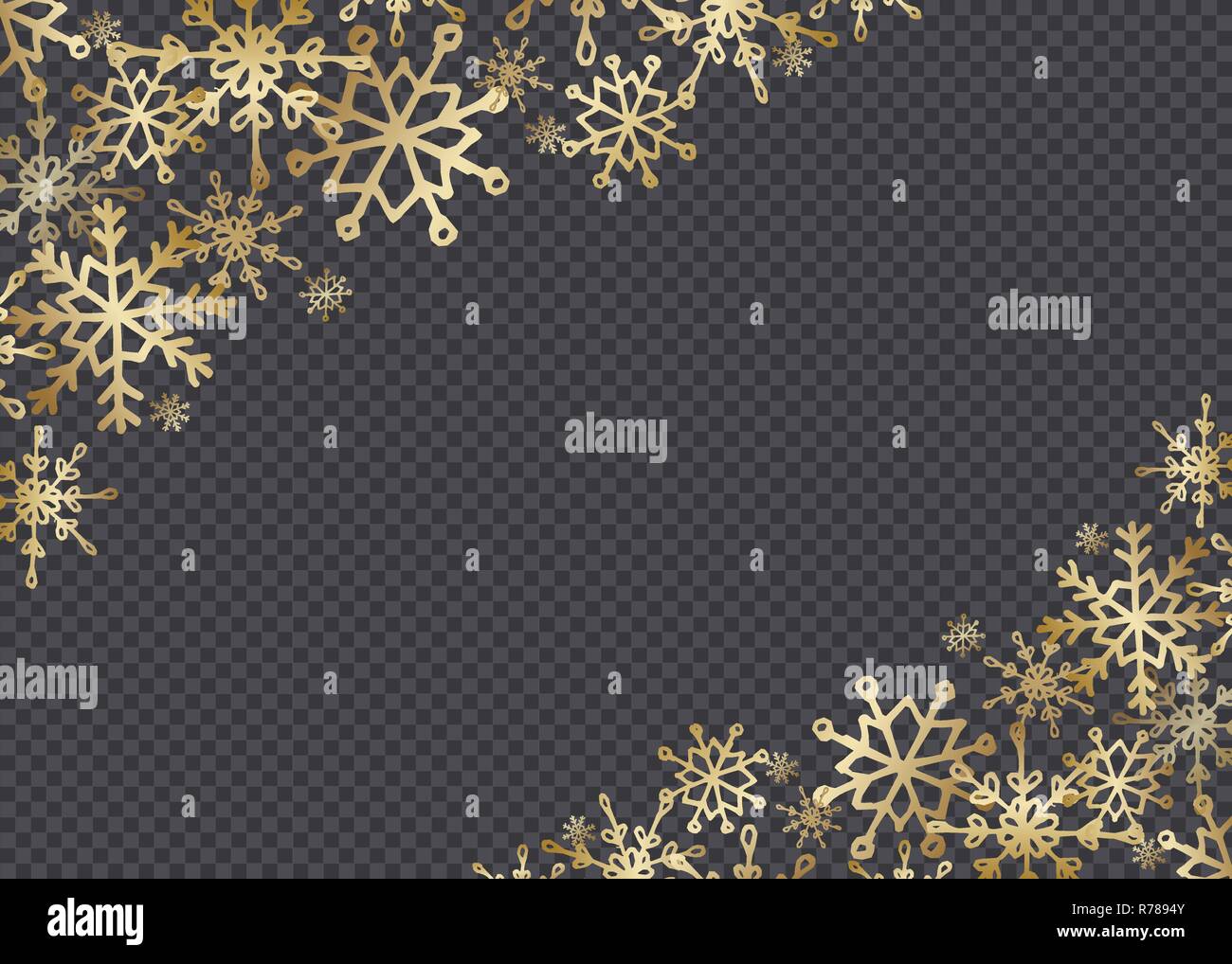 Golden hand drawn snowflakes isolated on dark transparency grid ...