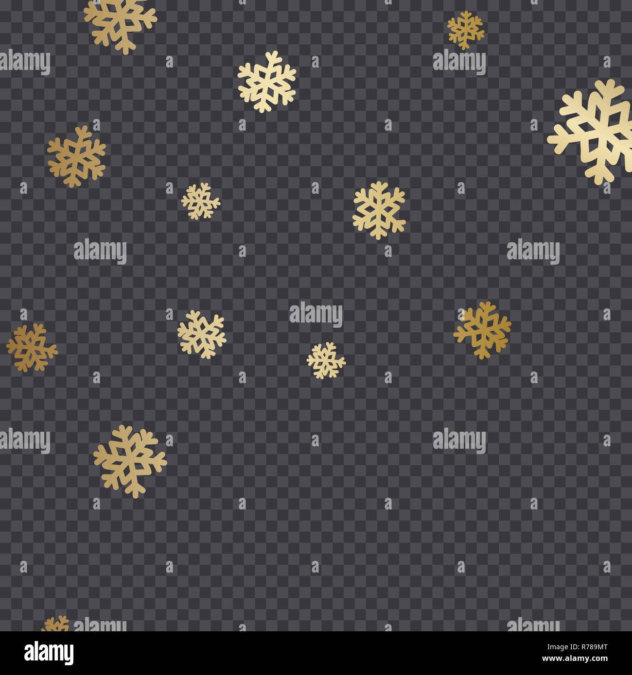 Golden snowflakes isolated on dark transparency grid background ...
