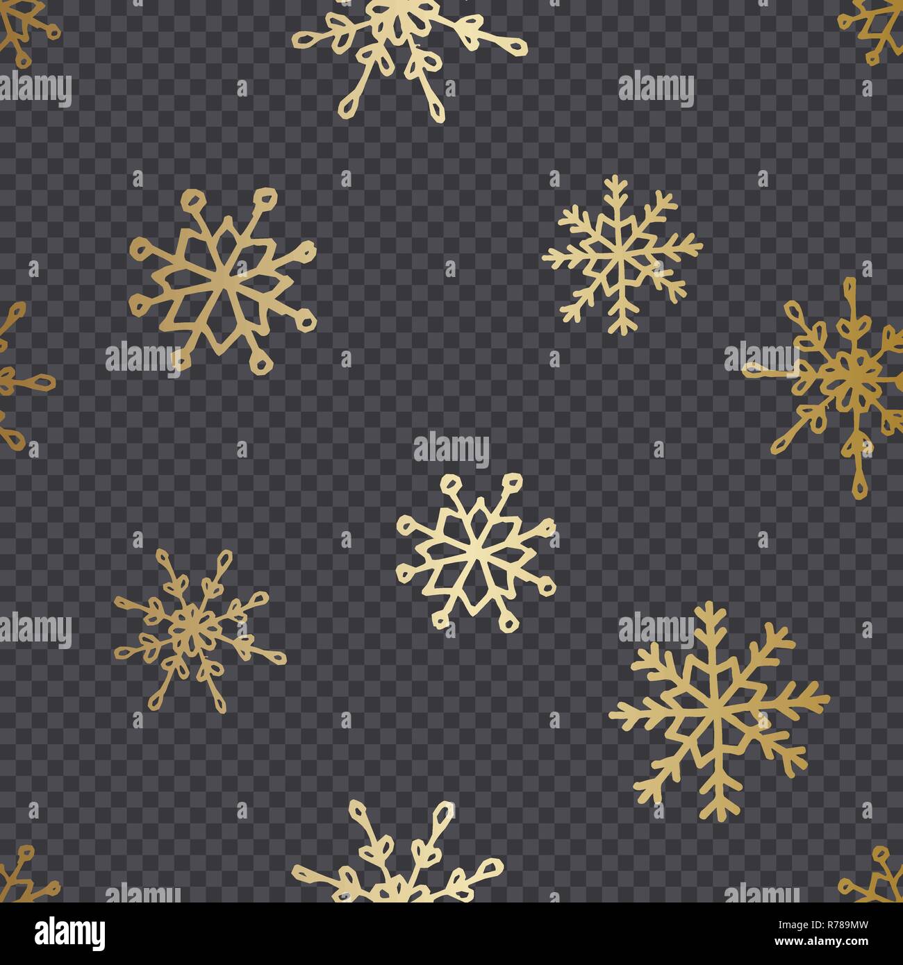 Golden hand drawn snowflakes isolated on dark transparency grid ...