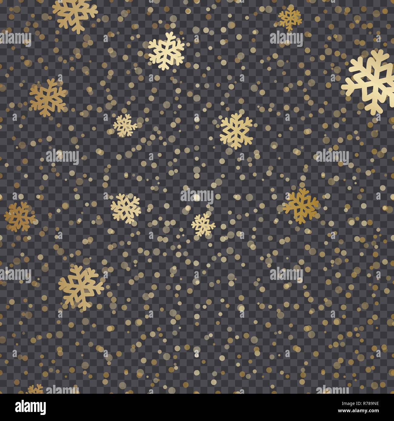 Golden hand drawn snowflakes isolated on dark transparency grid ...