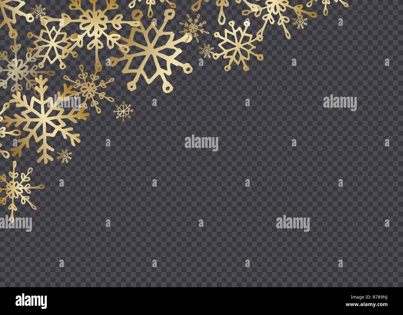 Golden hand drawn snowflakes isolated on dark transparency grid ...