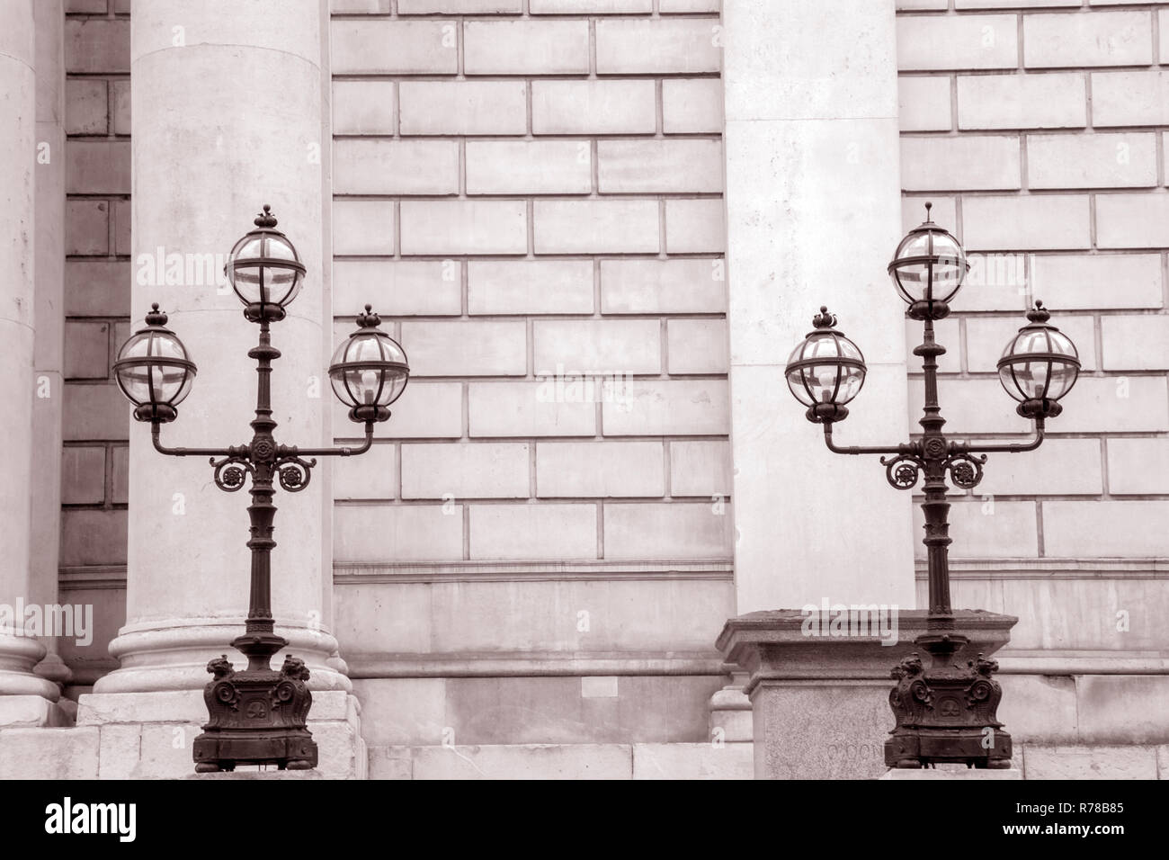 Lamppost at City Hall Facade, Dublin, Ireland in Black and White Sepia ...