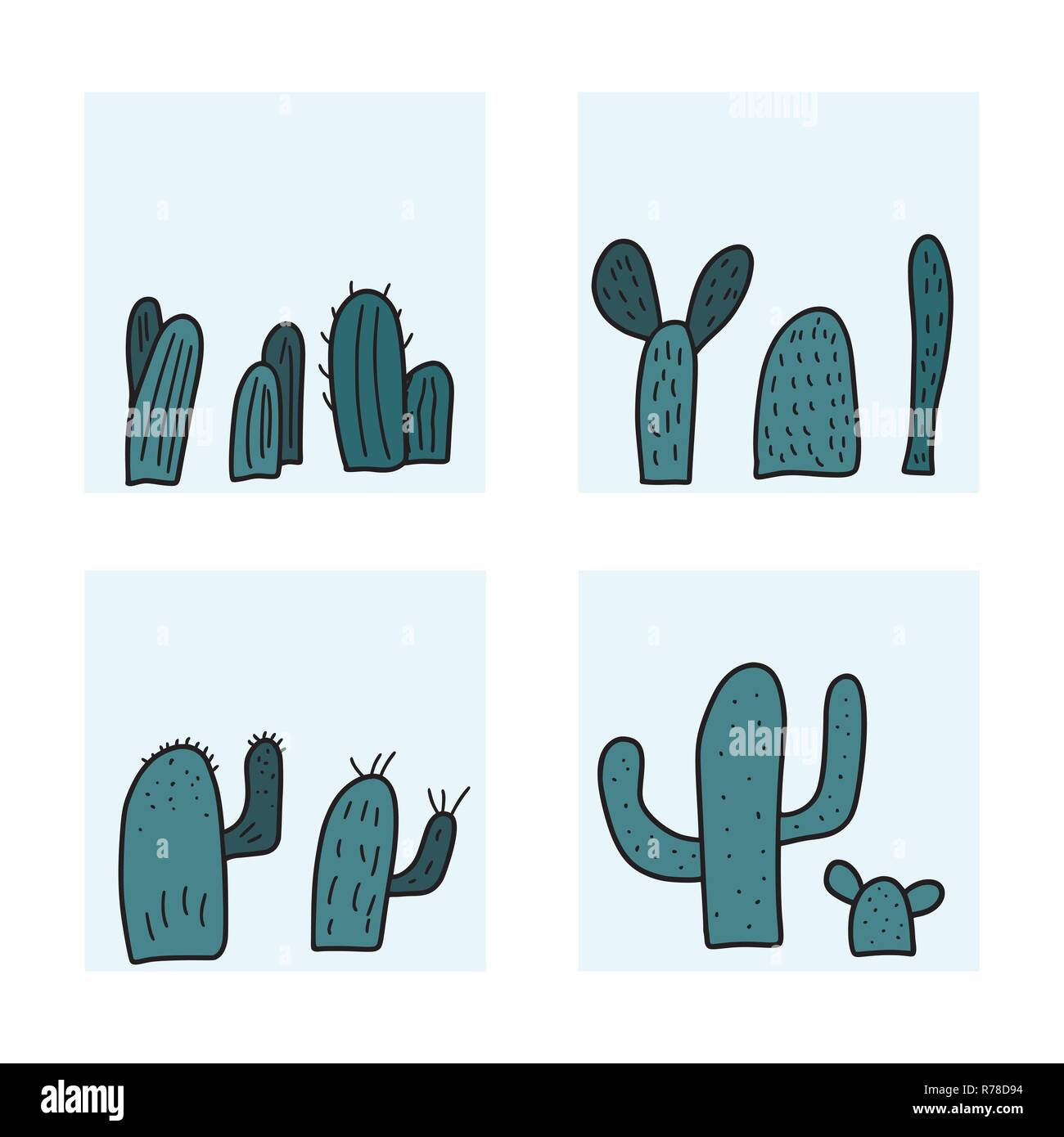 Vector cactus design set. Collection of square composition in doodle ...