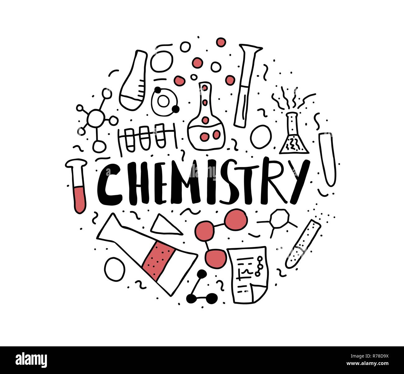Circle badge with chemistry objects in doodle style. Science research ...