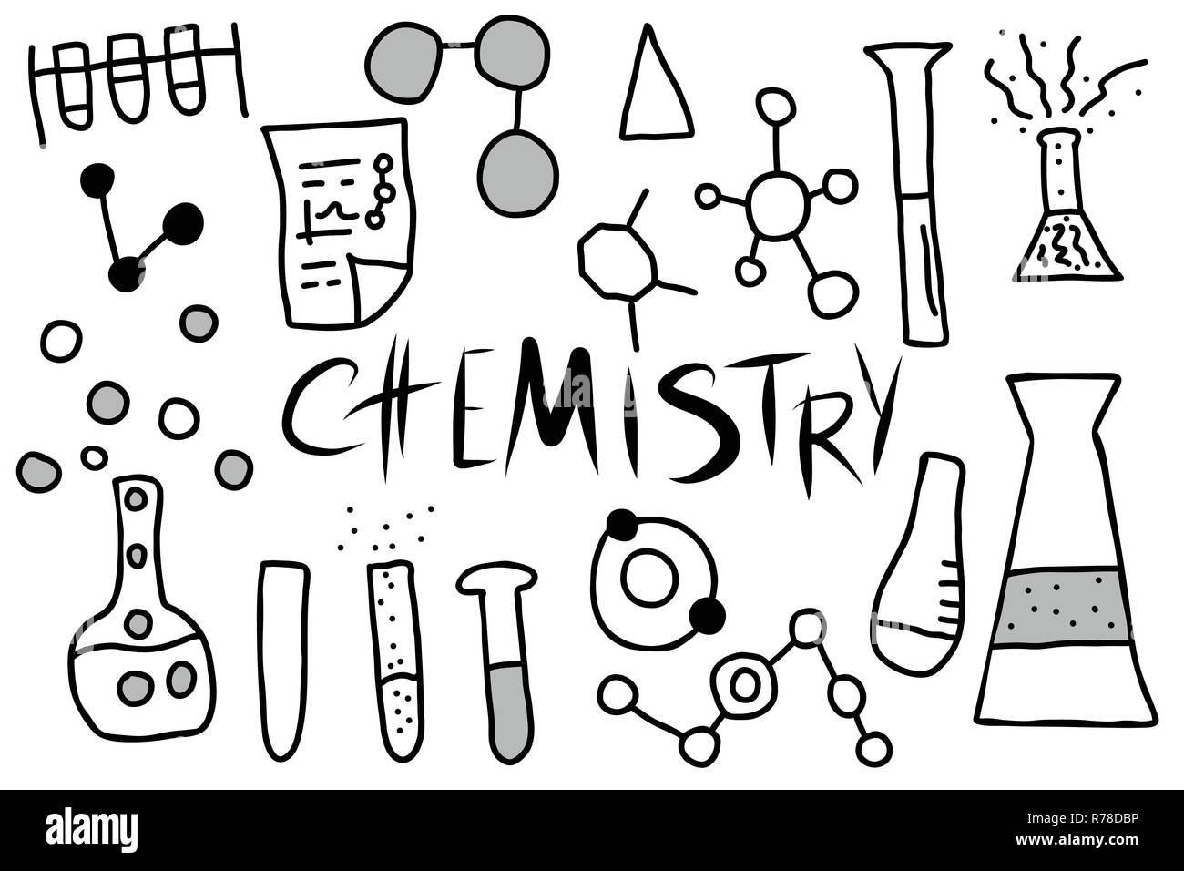 Chemistry Lettering And Objects In Doodle Style Science Research Symbols Isolated On White