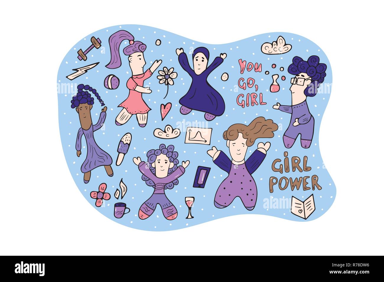 Vector illustration of girl power. Composition in doodle style with ...