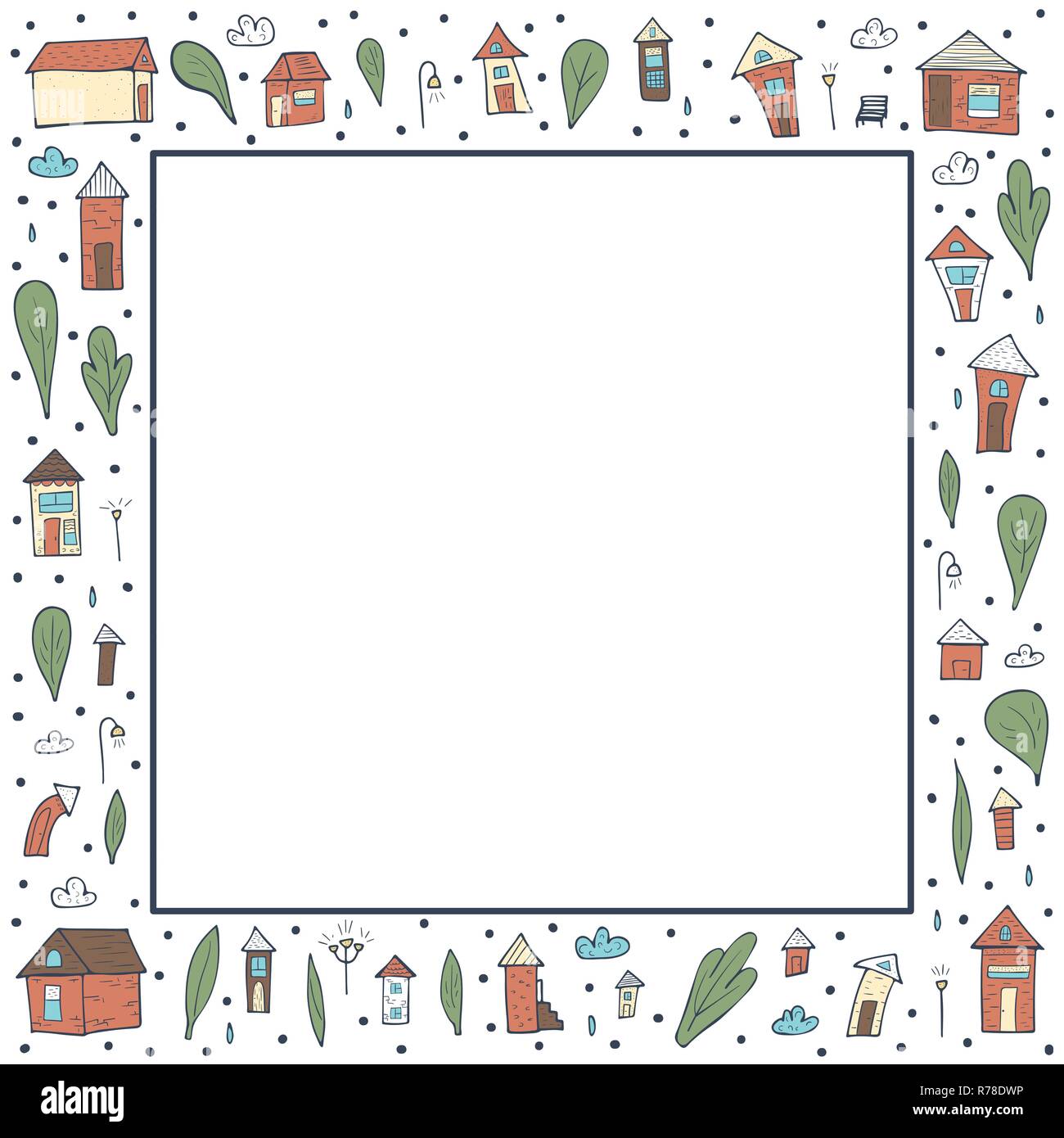 Vector frame of houses, trees and clouds. Square border composition in ...