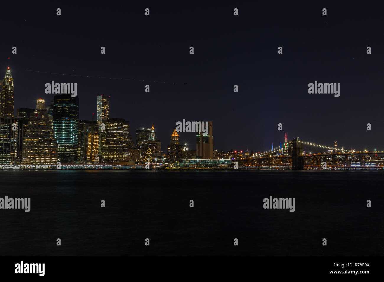 Manhattan skyline panorama with Times Square lights at dusk, New York ...