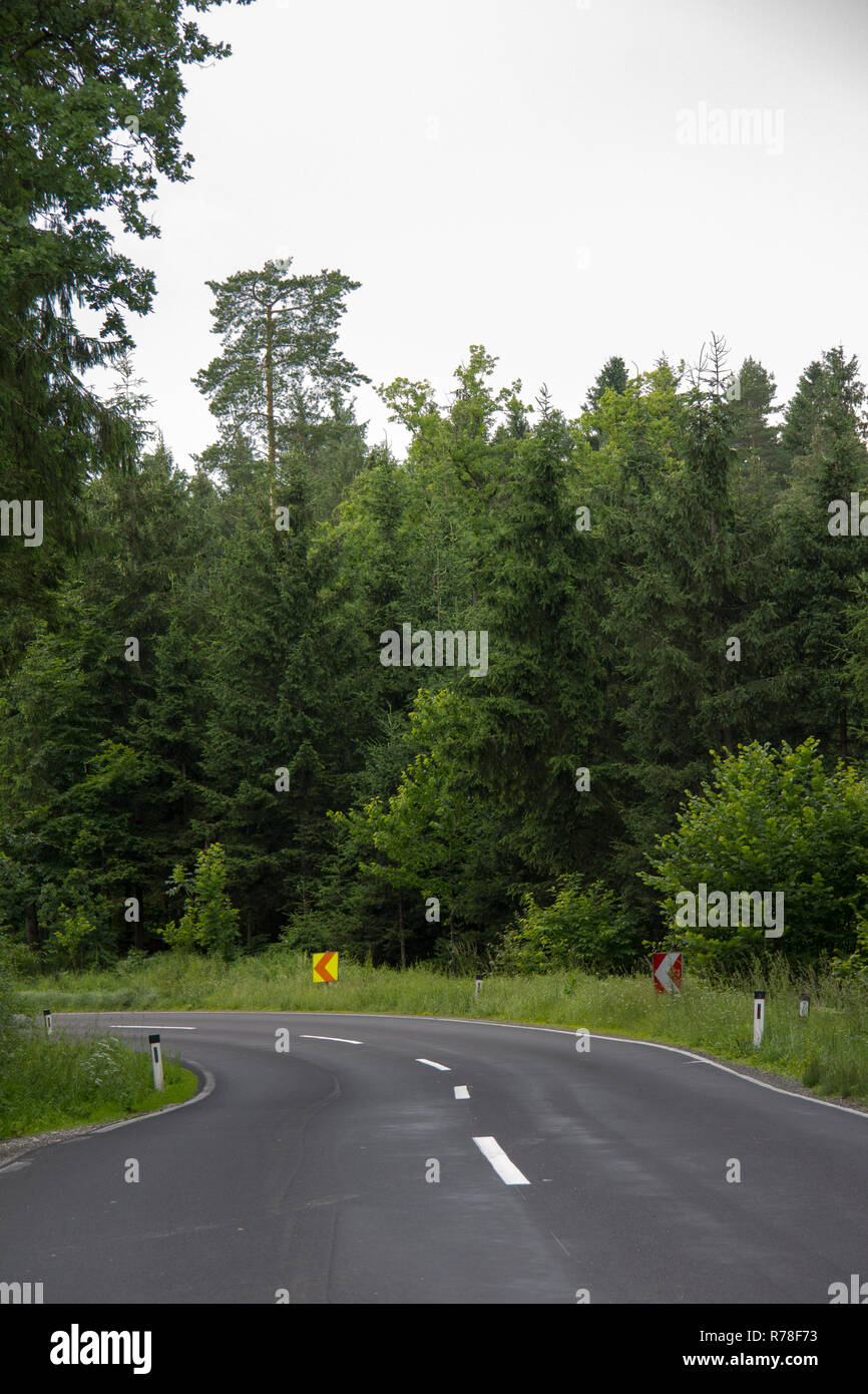 dry asphalted road with curve without vehicles through a forest in ...