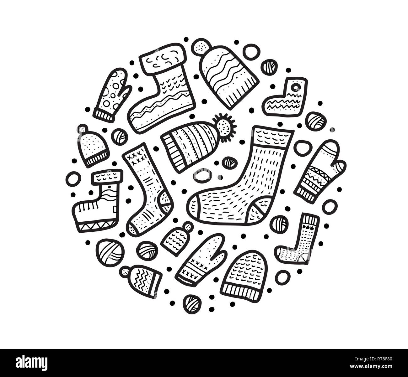 Warm socks, beanies set. Vector round composition of warm clothes in ...