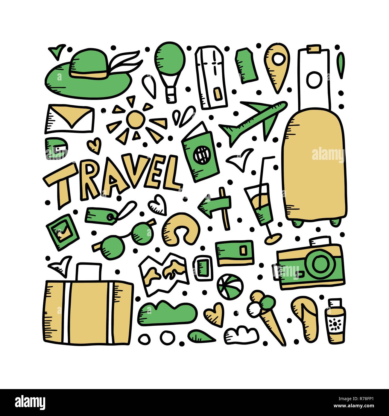Set of travel symbols in doodle style. Hand drawn vector trip elements ...