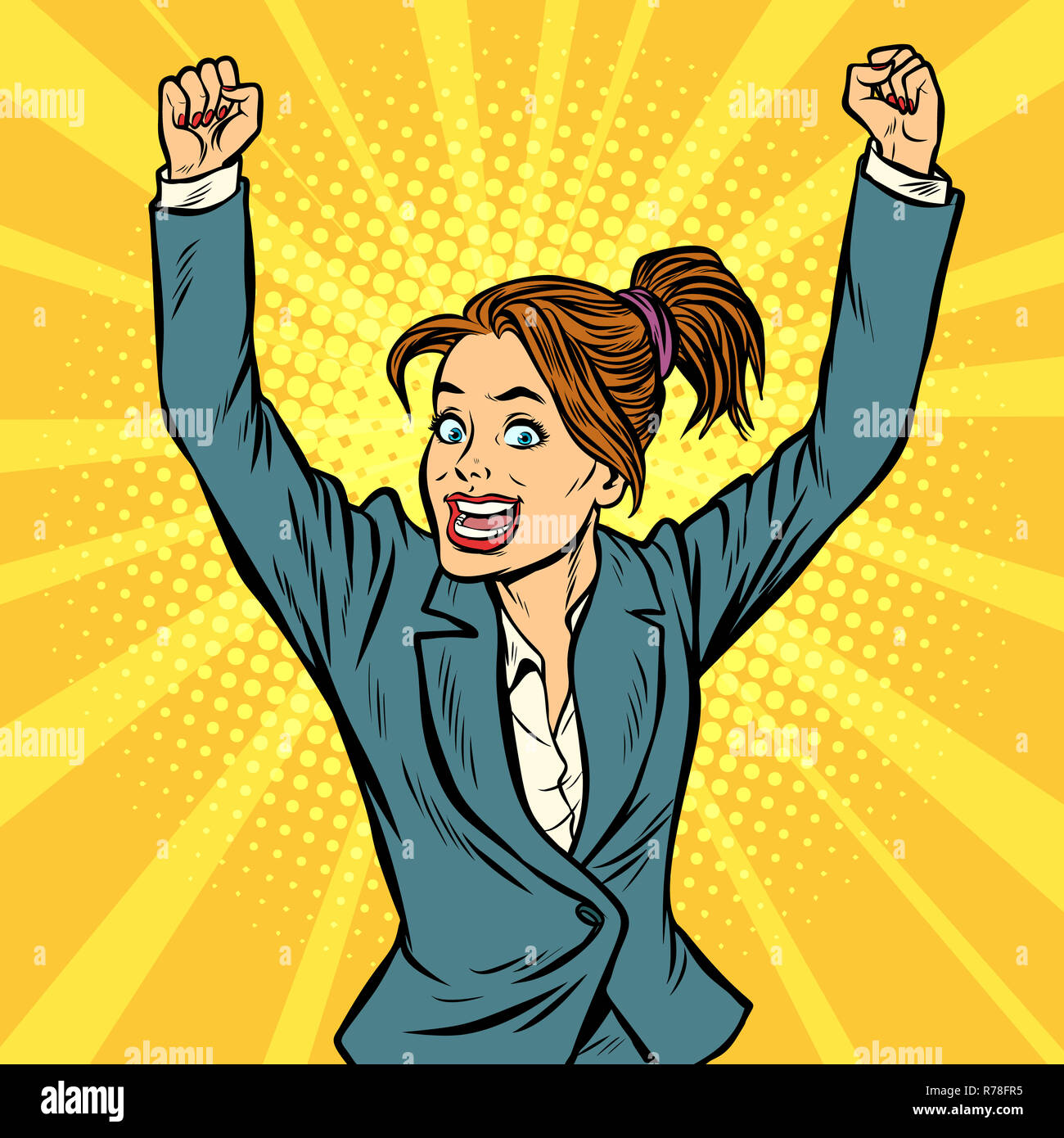 joyful woman winning hand gesture up Stock Photo - Alamy