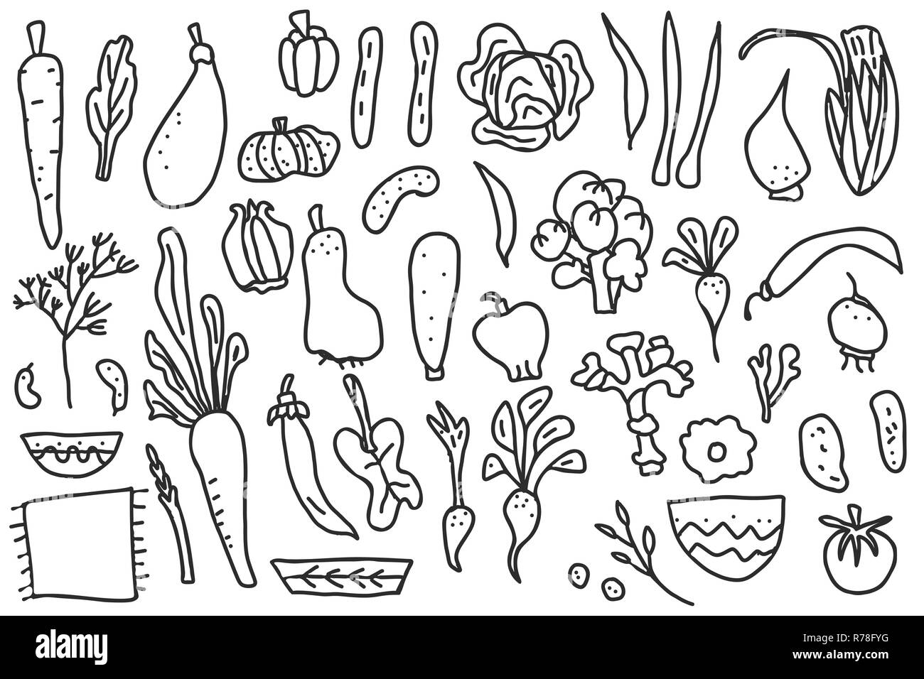 Set of vector vegetables shape. Collection of veg in doodle style ...